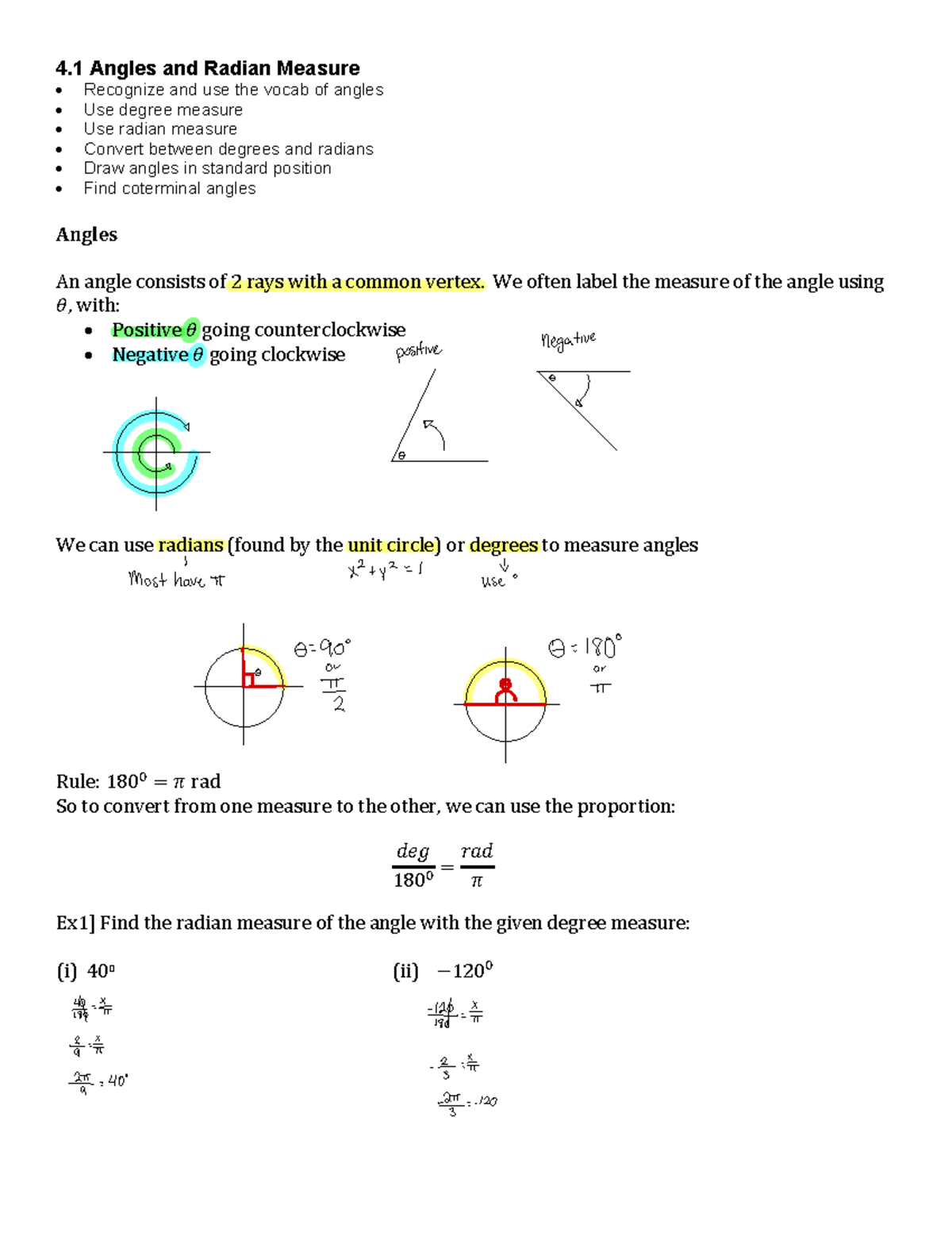 Math 2412 Unit 2 Notes - 4 Angles and Radian Measure x x x x x x ...