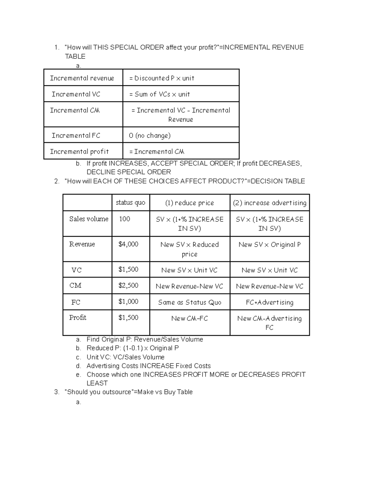 Ultimate Midterm 2 Cheat Sheet “how Will This Special Order Affect Your Profit”incremental 
