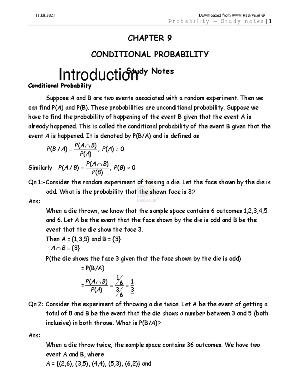 Conditional Probability Focus area-Chapter 9 - P r o b a b i l i t y ...