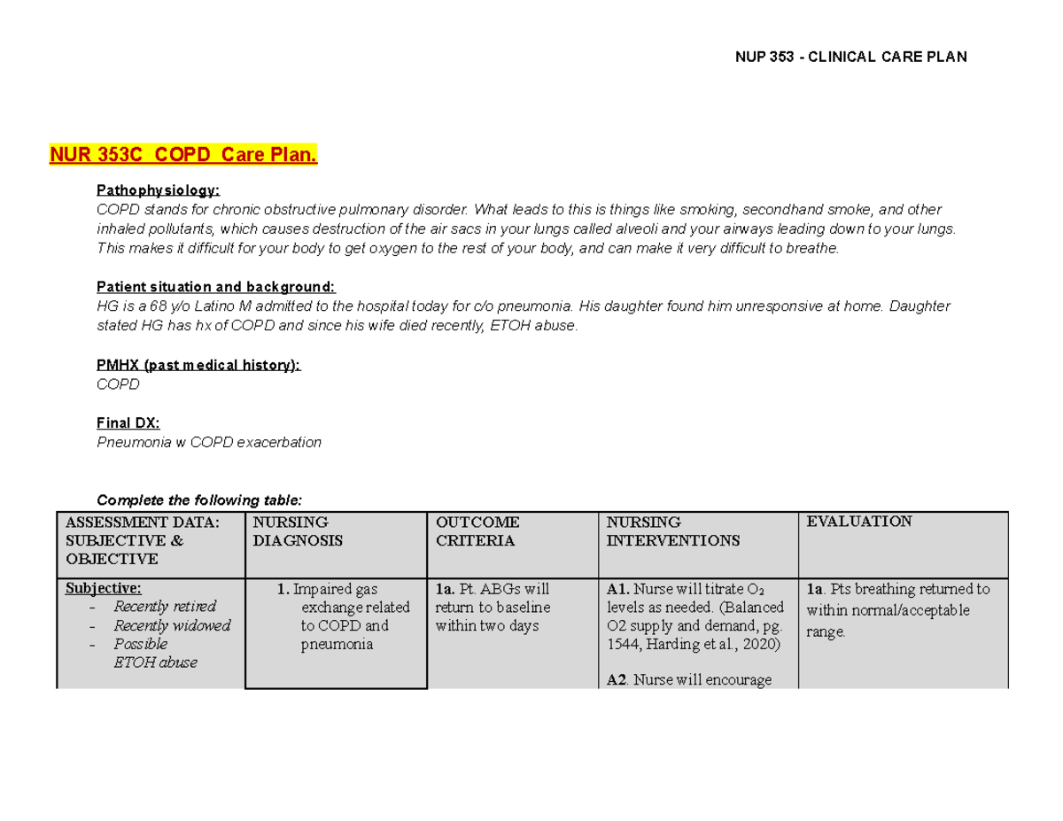 353C COPD Care Plan - NUR 353C COPD Care Plan. - NUP 353 - CLINICAL ...
