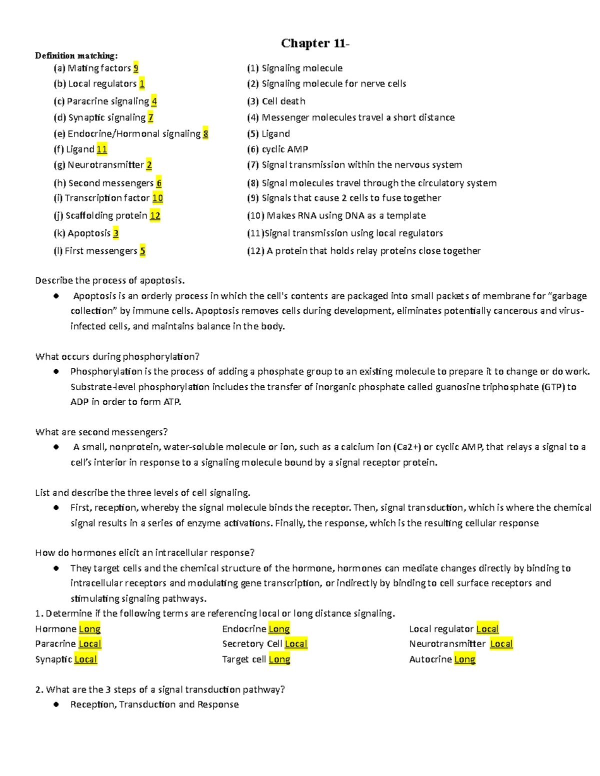 BIO 181 Hw CH 11 - Chapter 11- Cell Communication - Chapter 11- Definition matching: (a) Mating ...