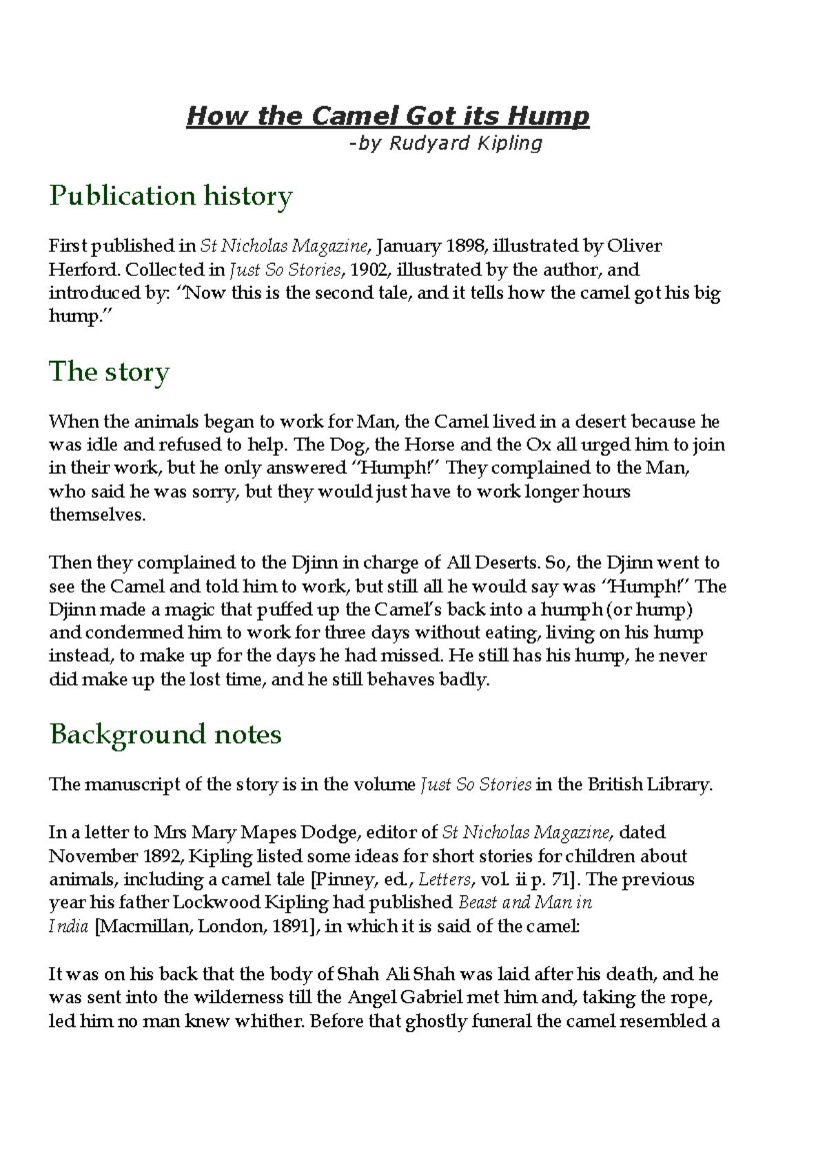 How the Camel got its Hump (Notes) - How the Camel Got its Hump -by ...