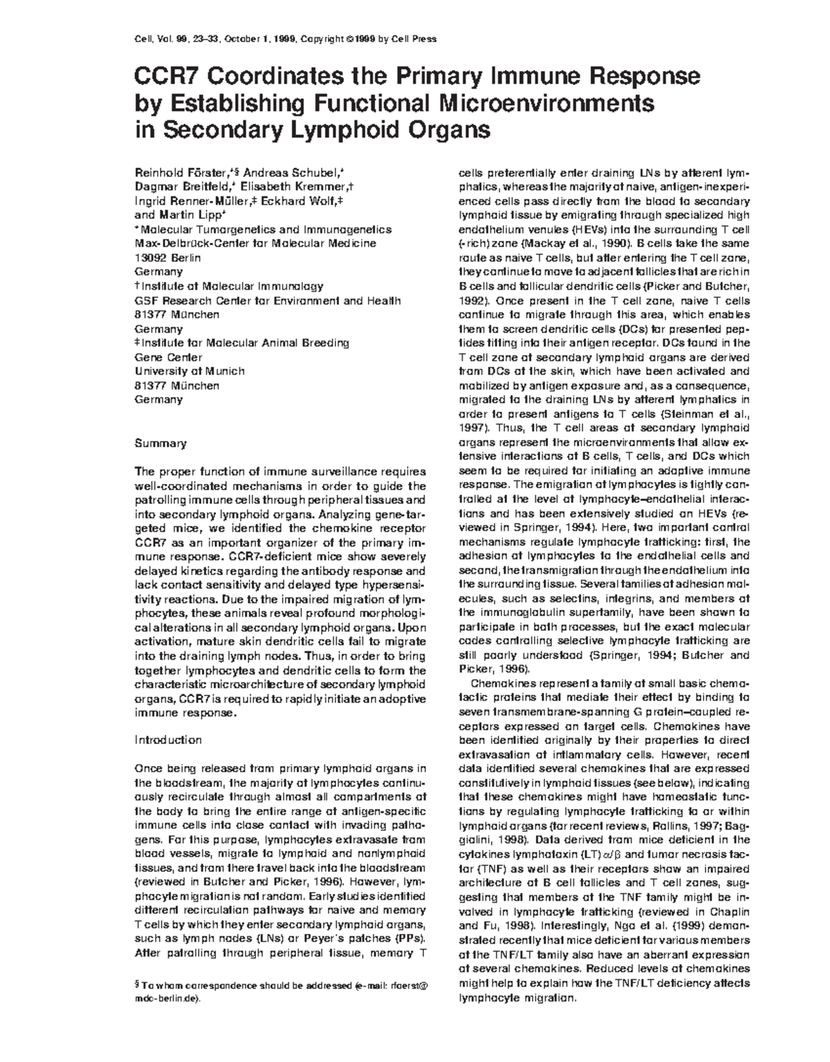 MIIM30015-2020-Journal Club Paper - Cell, Vol. 99, 23–33, October 1 ...