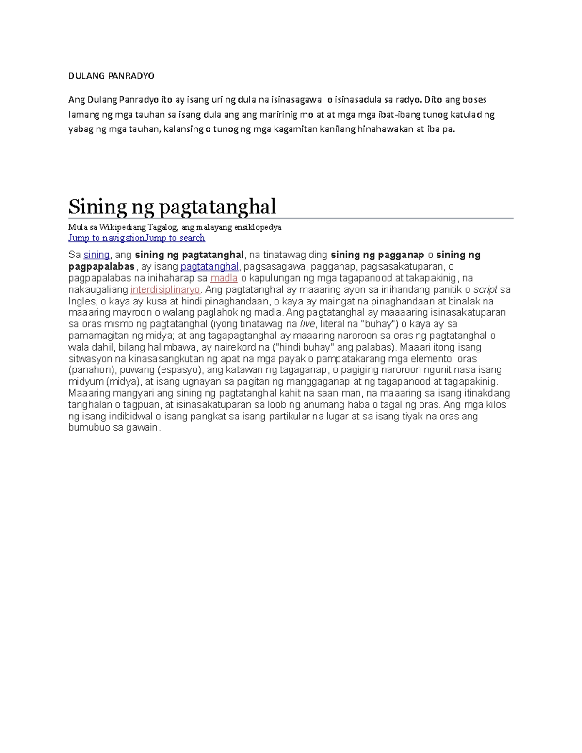 Dulang Panradyo at Sining Pantanghalan - DULANG PANRADYO Ang Dulang Panradyo ito ay isang uri ng ...