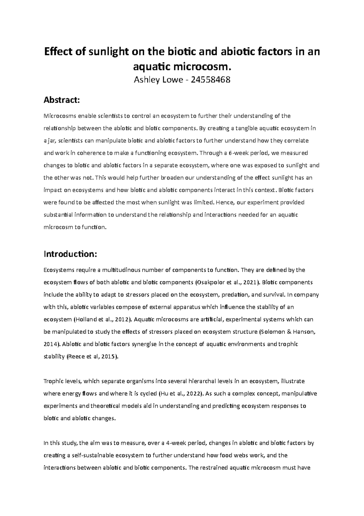Effect of sunlight on the biotic and biotic in an aquatic microcosm ...