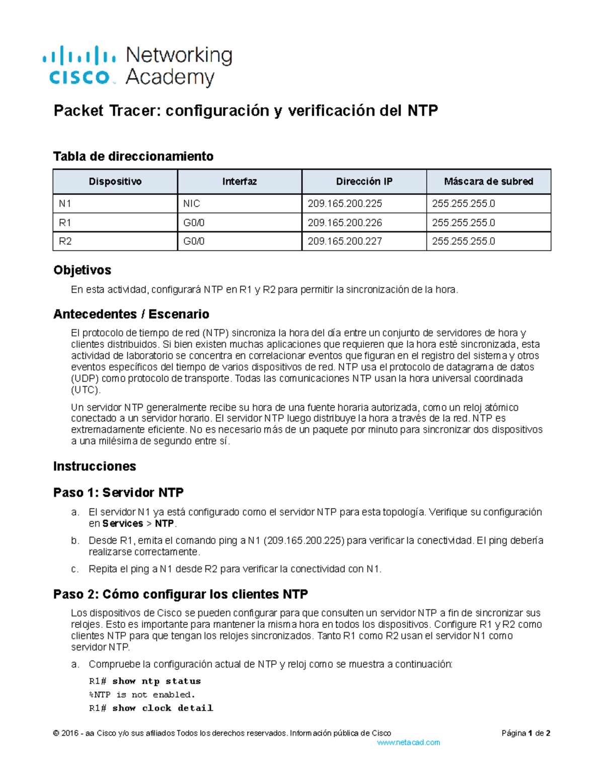 10.3.4 Packet Tracer - Configure and Verify NTP - Packet Tracer: configuración y verificación ...