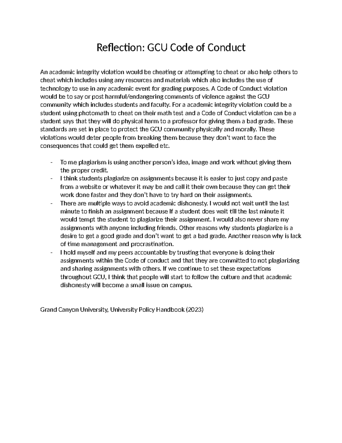 Reflection jdjdjdjd - Reflection: GCU Code of Conduct An academic ...