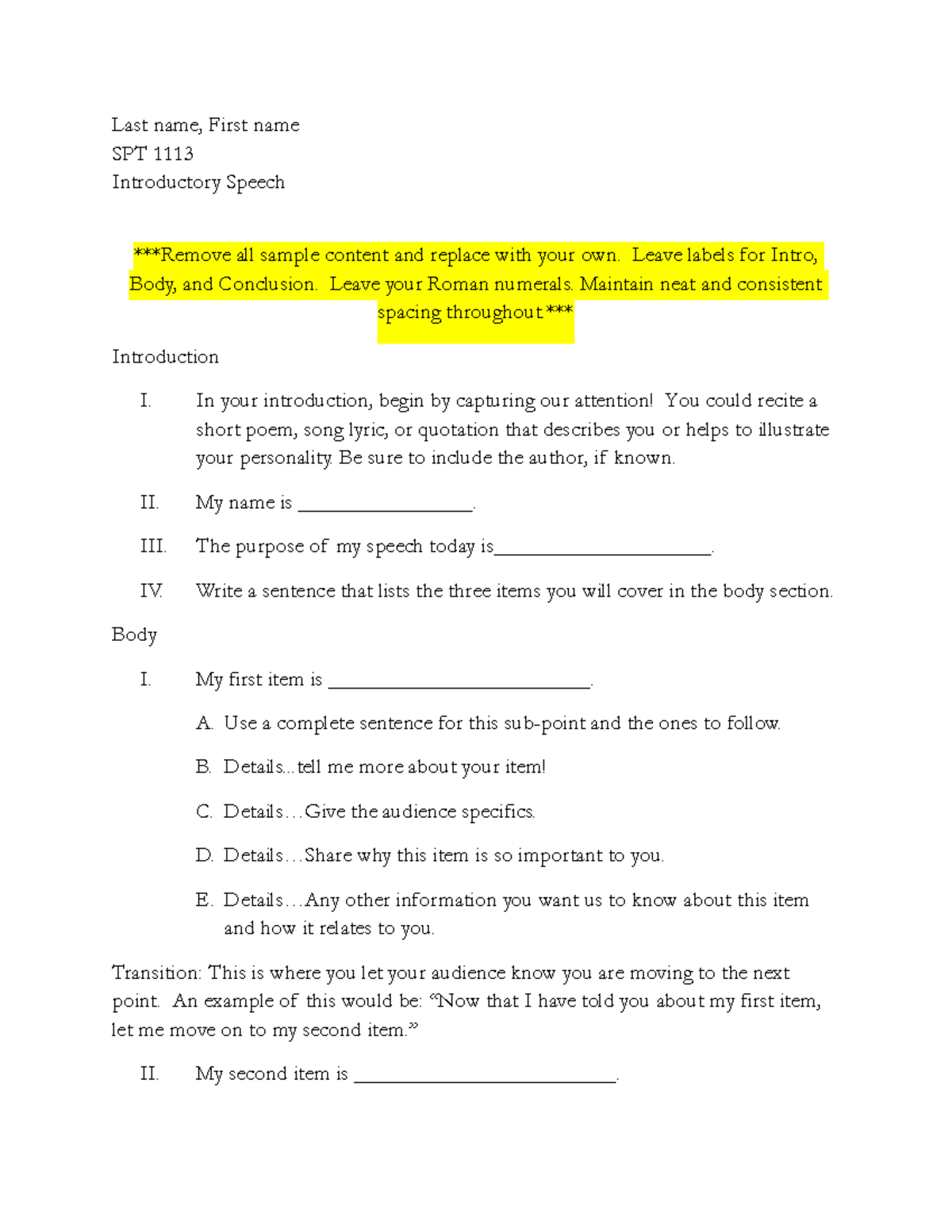 Sample outline for Introductory Speech-2 3 - Last name, First name SPT ...