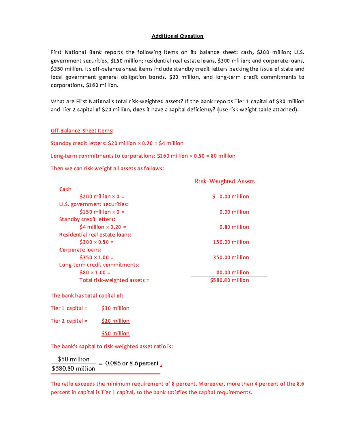 Additional Tutorial Question Solution - Additional Question First National Bank reports the ...