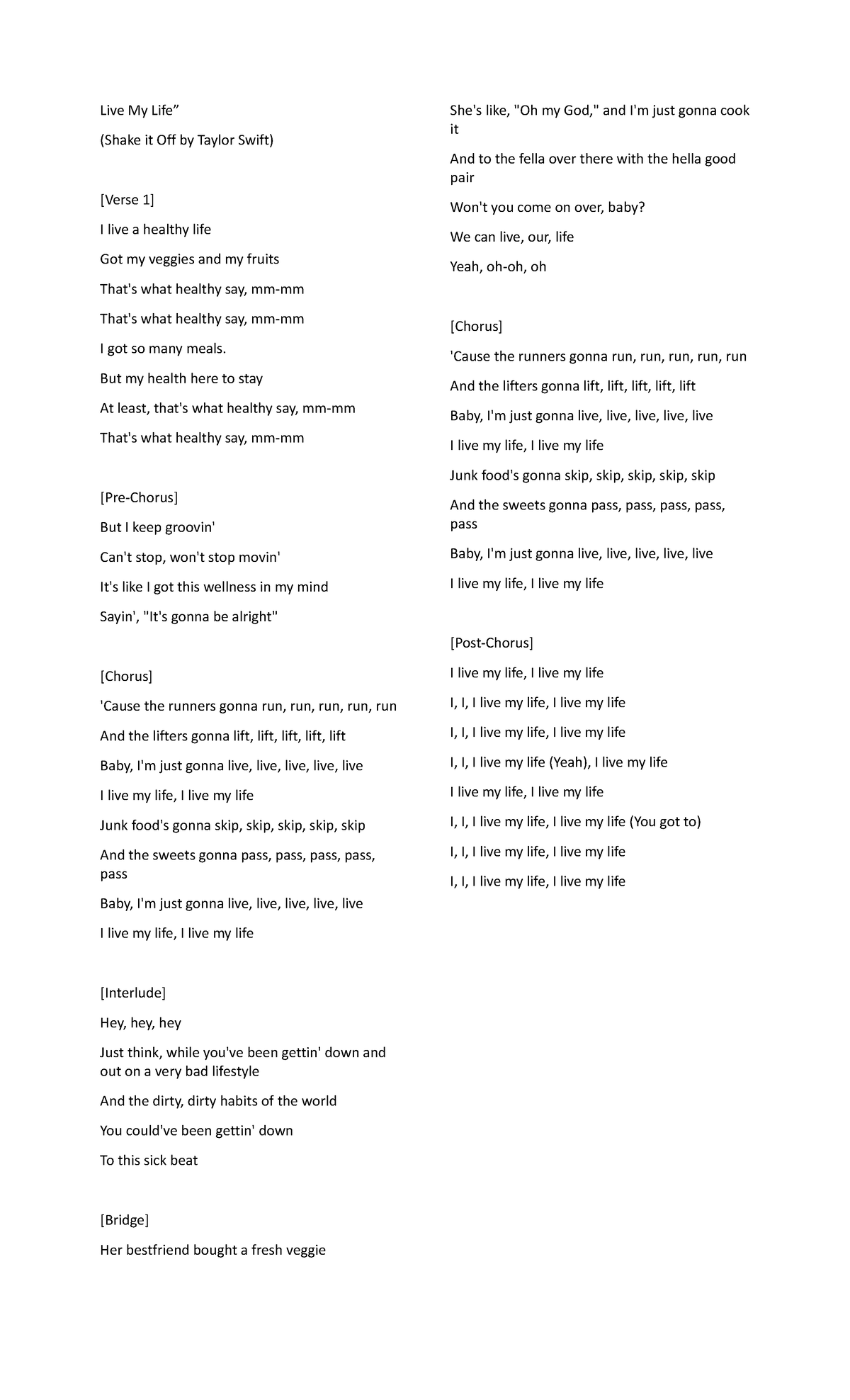 Healthy Lifestyle Song - Live My Life” (Shake it Off by Taylor Swift ...