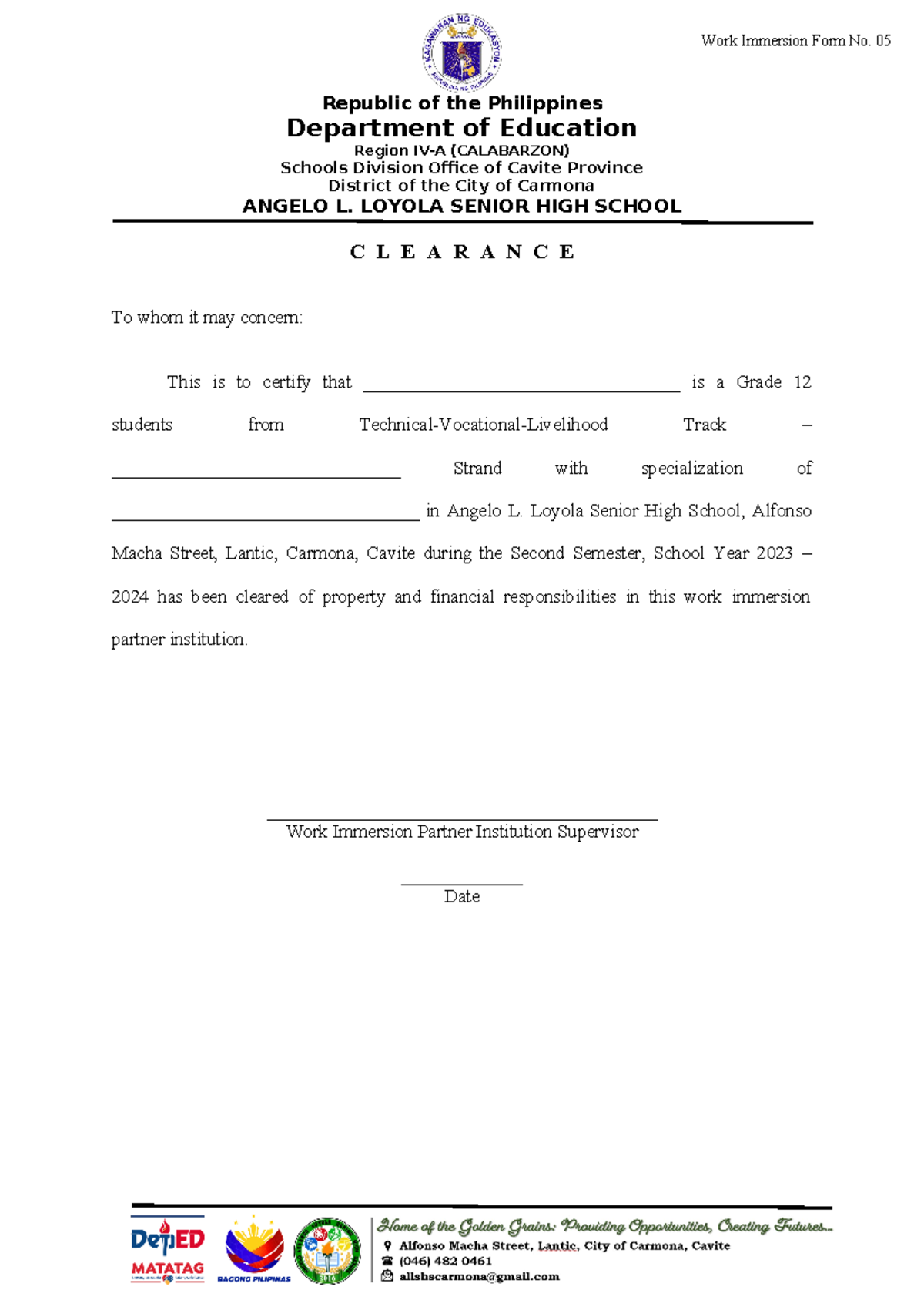 WI-FORM-5 - Work Immersion Form 5 - Work Immersion Form No. 05 Republic ...