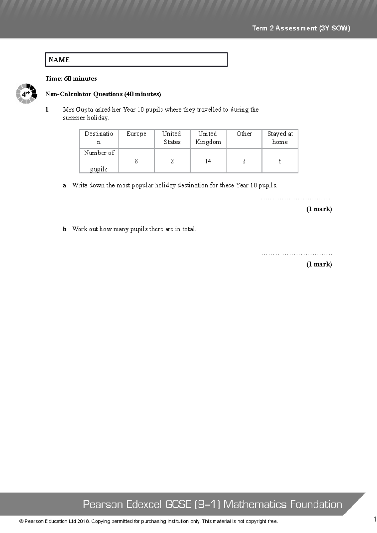 Test paper year 9 2022 edexcel - NAME Time: 60 minutes Non-Calculator ...