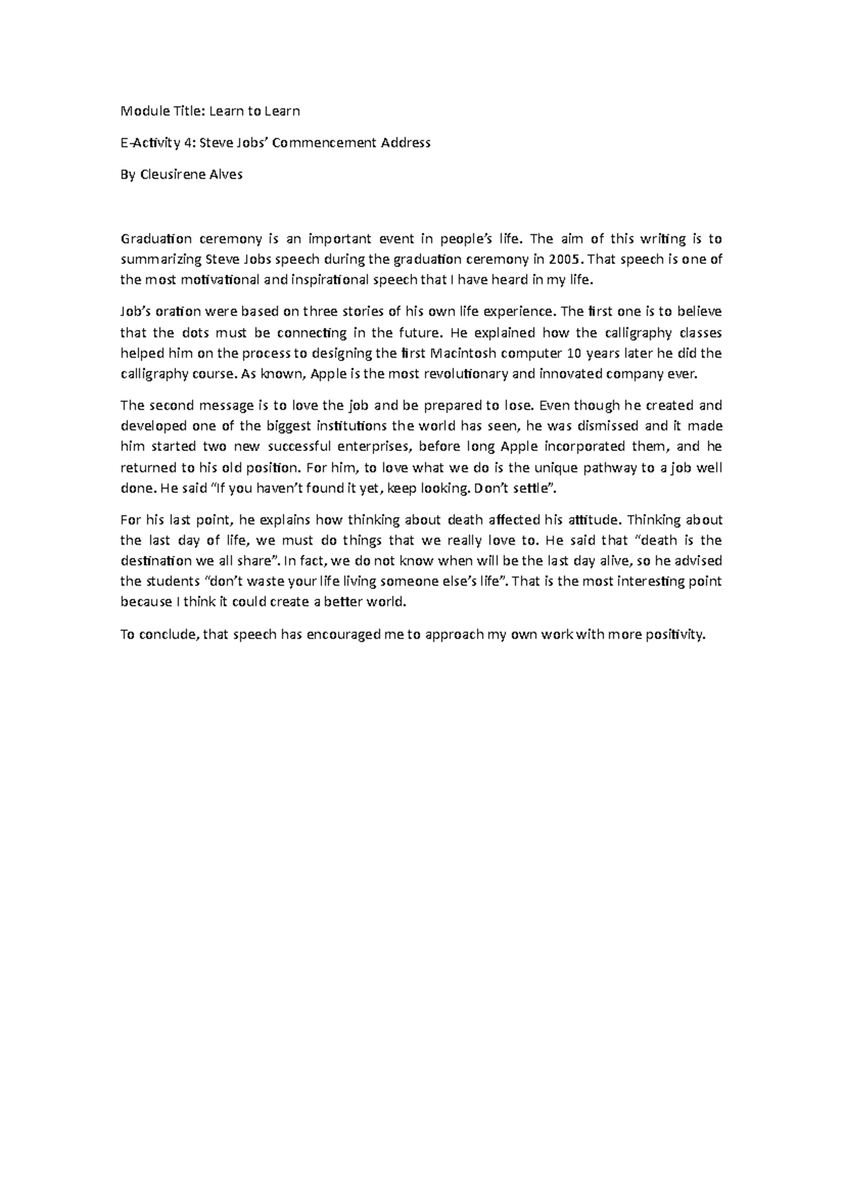E-Activity 4 Steve Jobs - Module Title: Learn to Learn E-Activity 4 ...