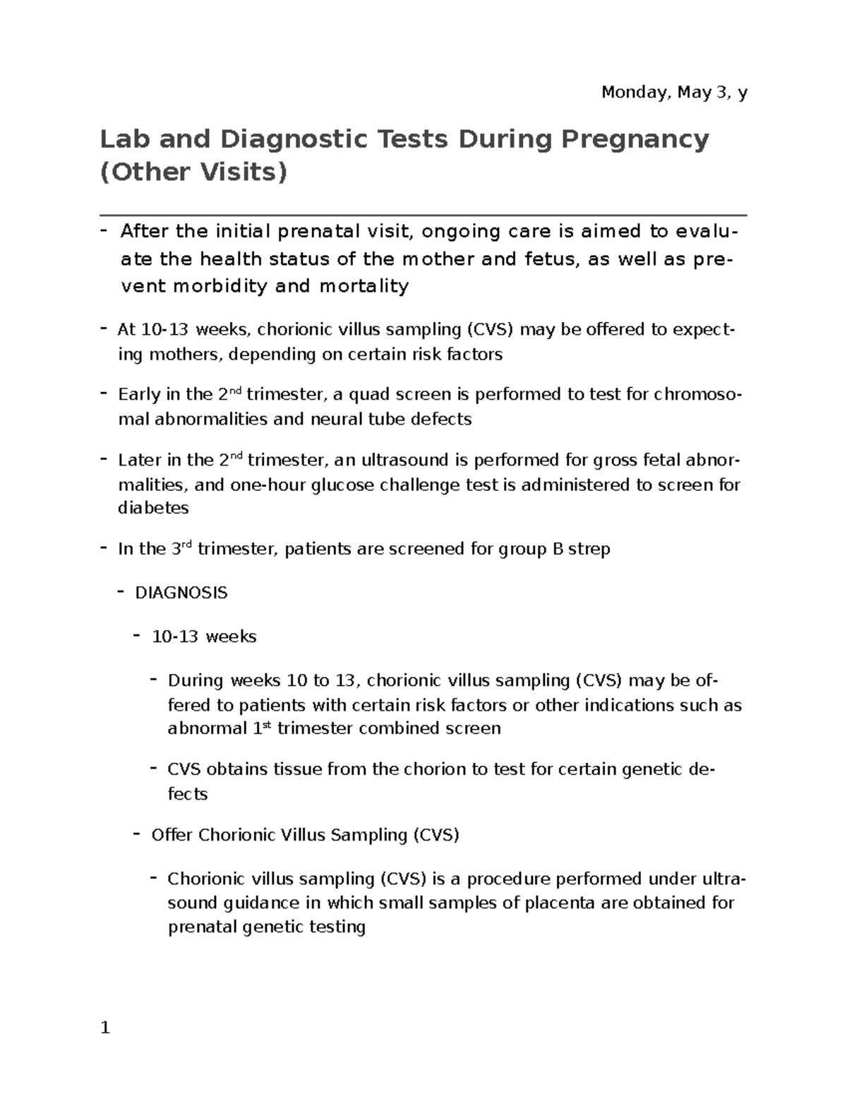 Lab and Diagnostic Tests During Pregnancy (Other Visits) - Chromosomal ...