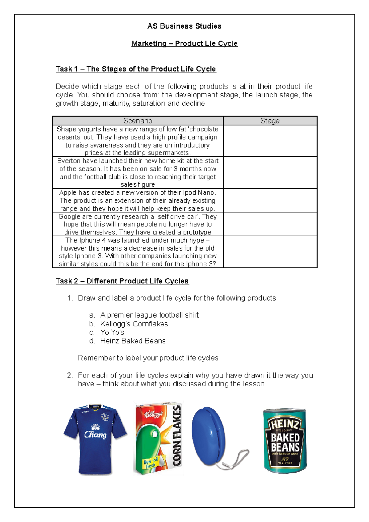 Product Life Cycle Worksheet - AS Business Studies Marketing – Product ...