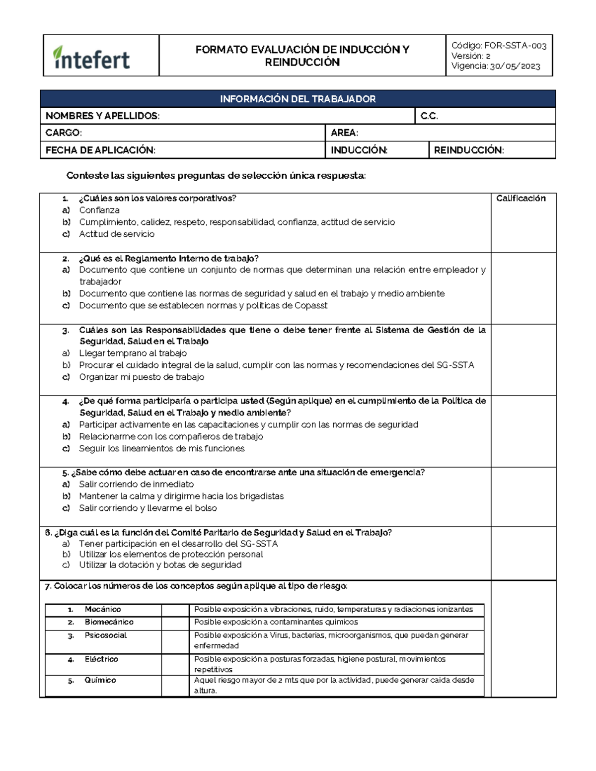 FOR-SSTA-003 Evaluación DE Inducción Y Reinducción V2 - FORMATO EVALUACIÓN DE INDUCCIÓN Y - Studocu