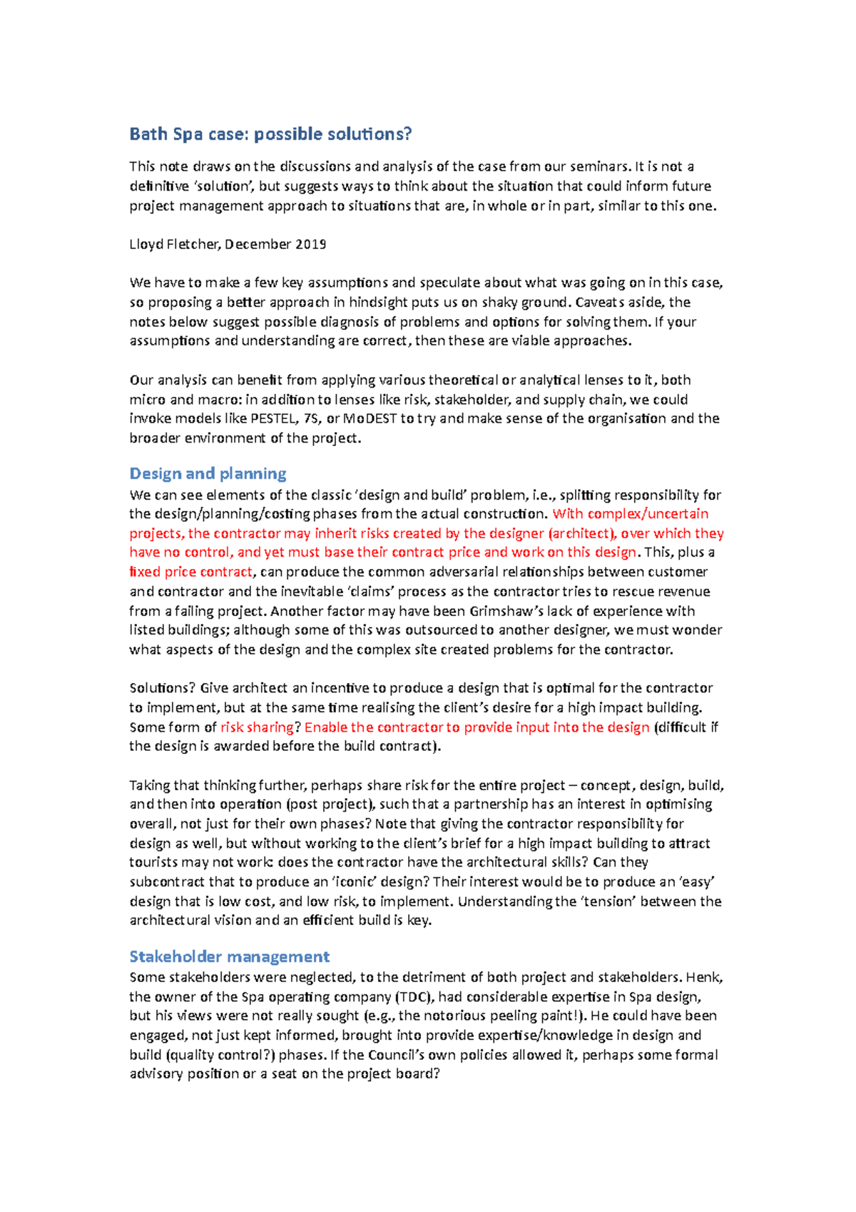 Bath Spa notes on the case - Bath Spa case: possible solutions? This ...