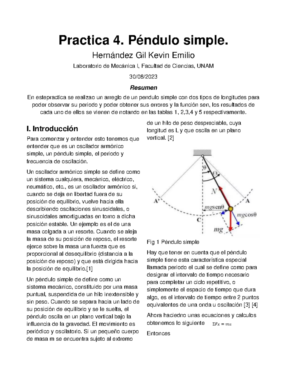 Pendulo-simple - Péndulo simple - Practica 4. Péndulo simple. Hernández Gil Kevin Emilio ...