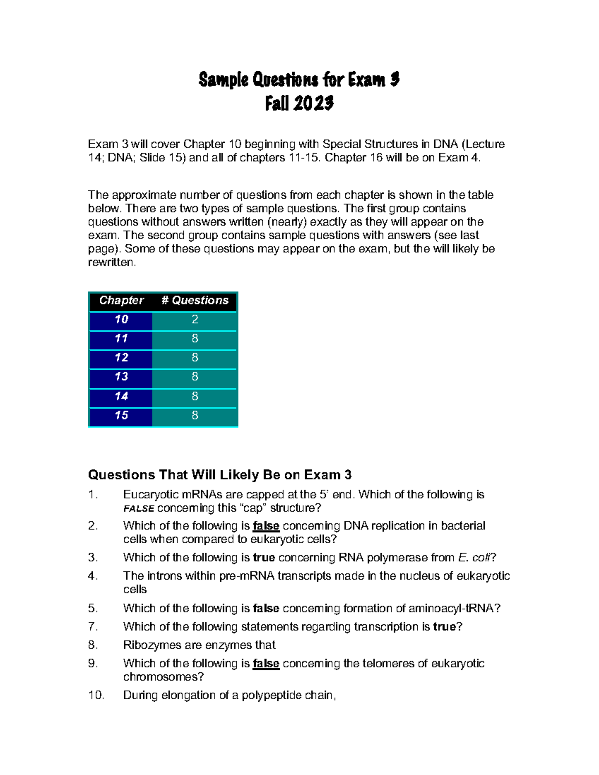 Exam+3+Sample+Questions - Sample Questions for Exam 3 Fall 202 3 Exam 3 ...