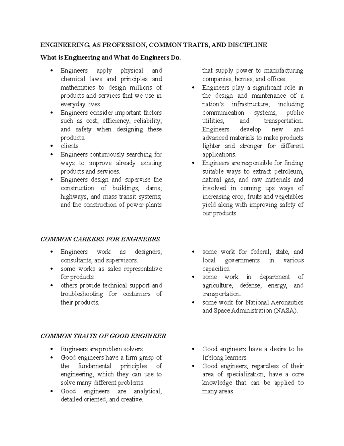 Engineers and Its Discipline - ENGINEERING, AS PROFESSION, COMMON ...