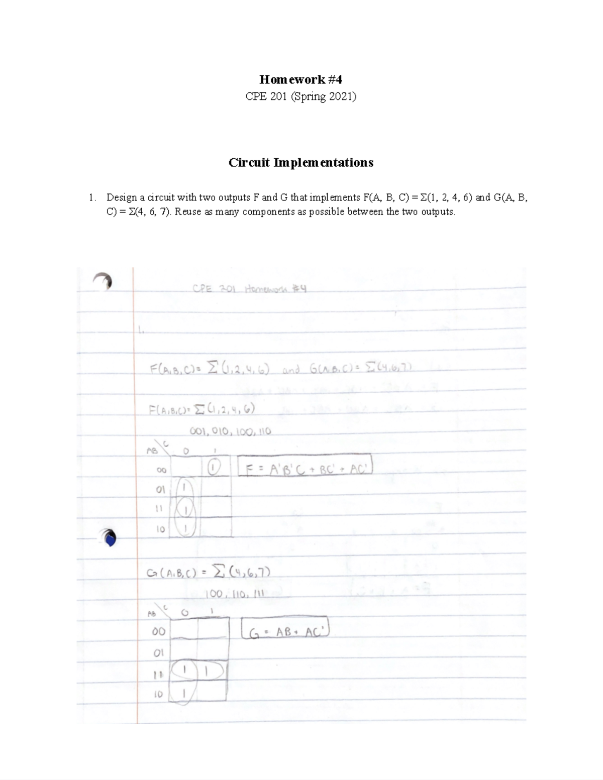 CPE 201 - Homework 4 - Homework CPE 201 (Spring 2021) Morgan Young Circuit Implementations 1 ...
