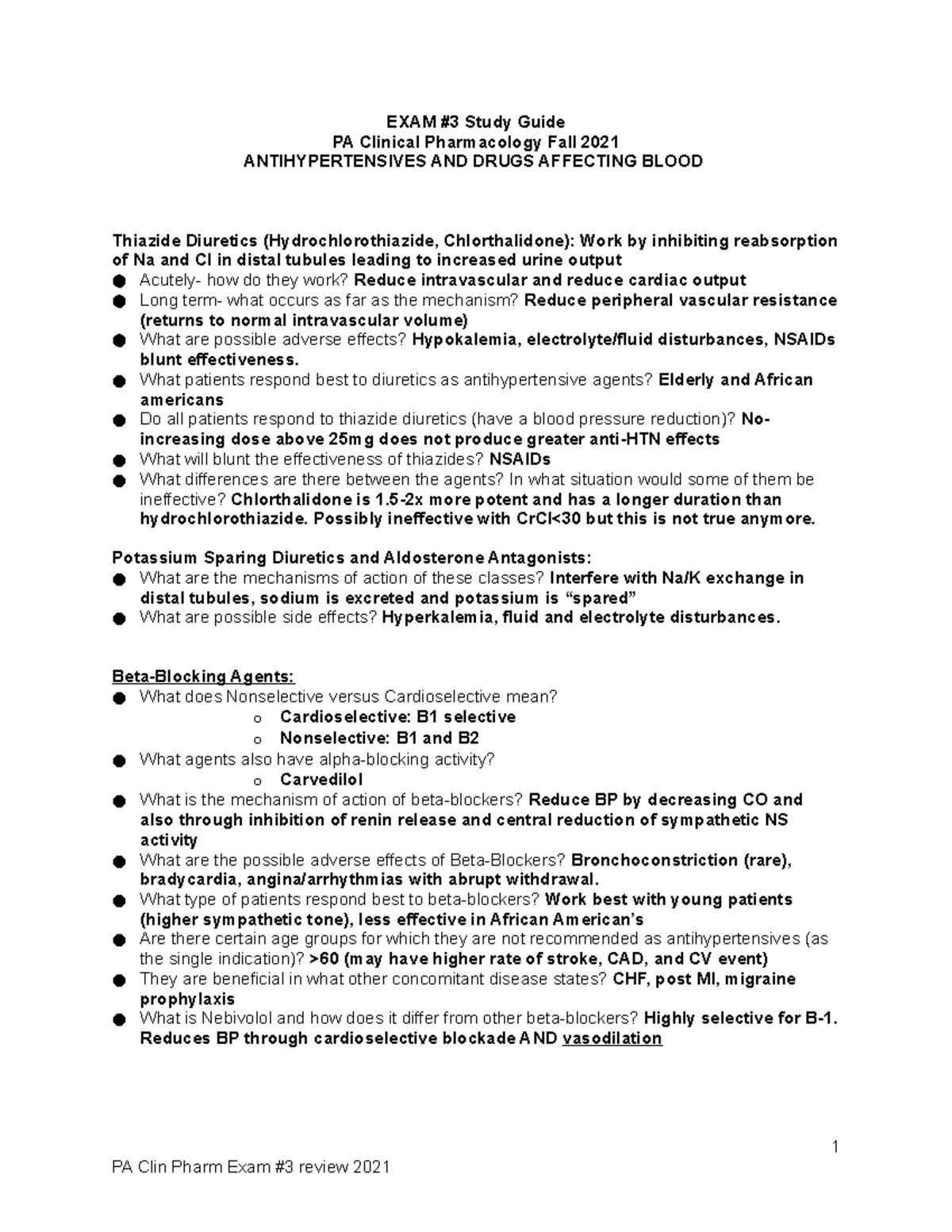 Exam 3 review questions - EXAM #3 Study Guide PA Clinical Pharmacology ...