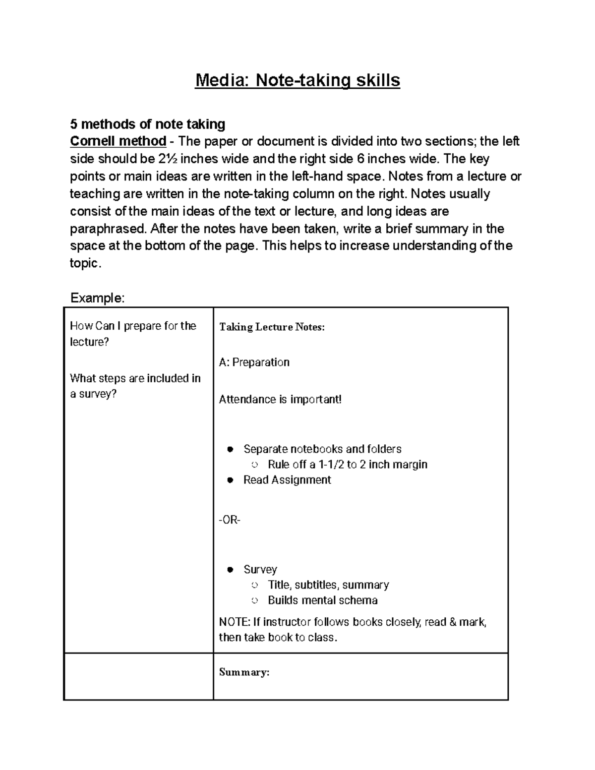 Media Note-taking skills and lecture notes - Media: Note-taking skills ...