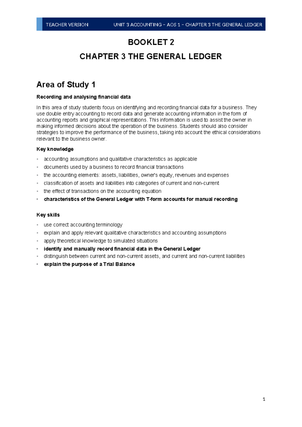 2. 2024 Unit 3 - Chapter 3 Handout (Teacher) - BOOKLET 2 CHAPTER 3 THE GENERAL LEDGER Area of ...