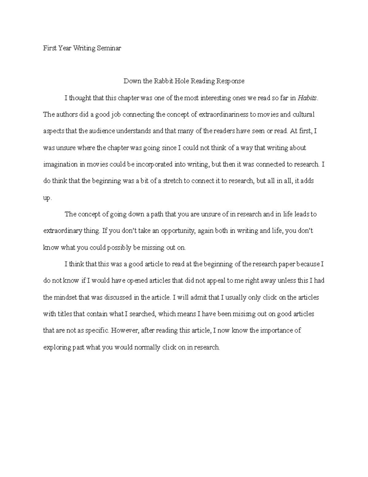 Down the rabbit hole reading response - First Year Writing Seminar Down ...
