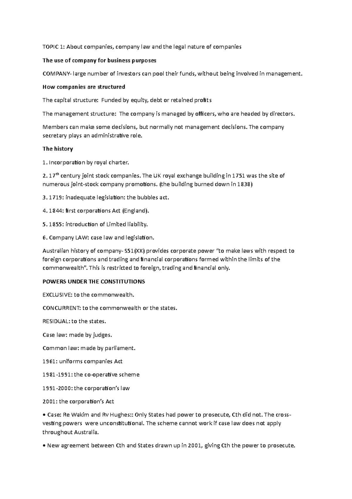 Topic 1 notes - TOPIC 1: About companies, company law and the legal ...