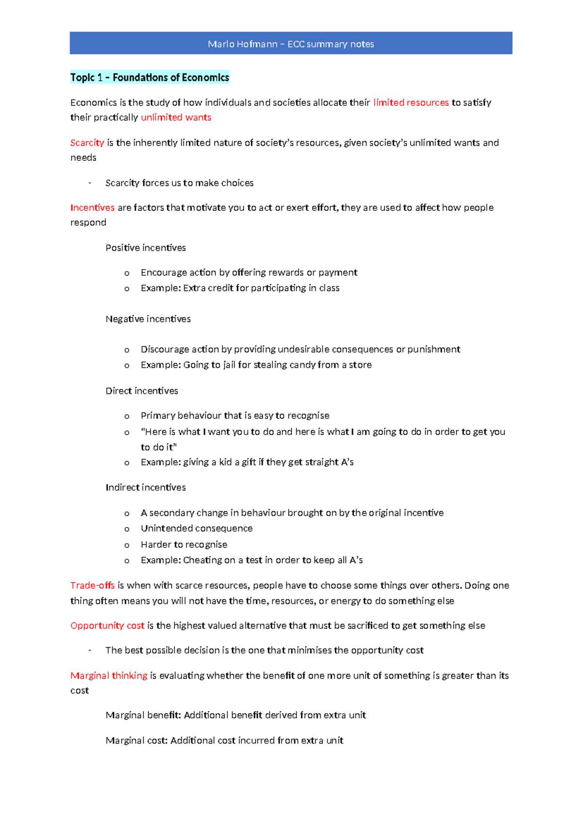 ECC1000 topic 1-10 summary - Topic 1 – Foundations of Economics ...