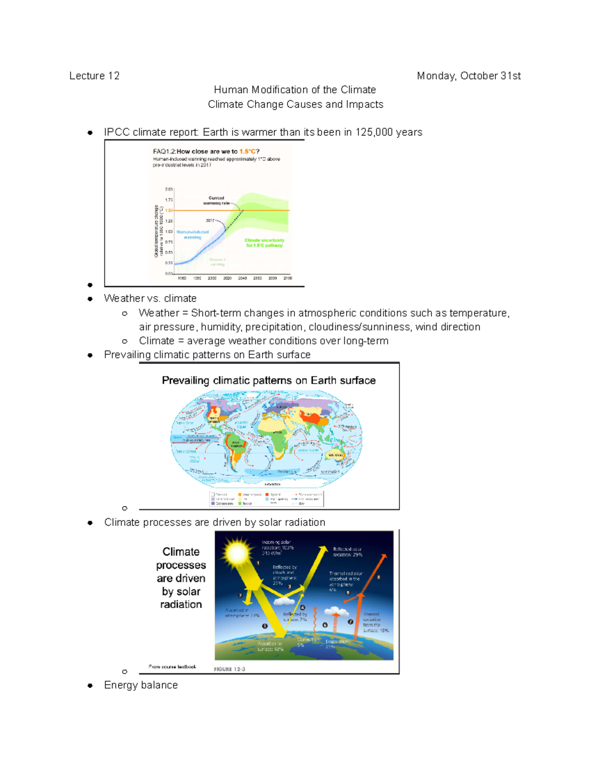 Climate Change Causes and Impacts - Lecture 12 Monday, October 31st ...