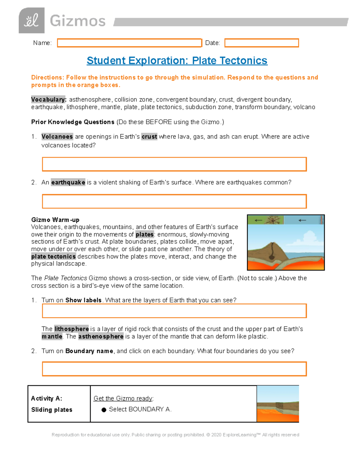 ES-Plate Tectonics Worksheet - Name: Date: Student Exploration: Plate ...