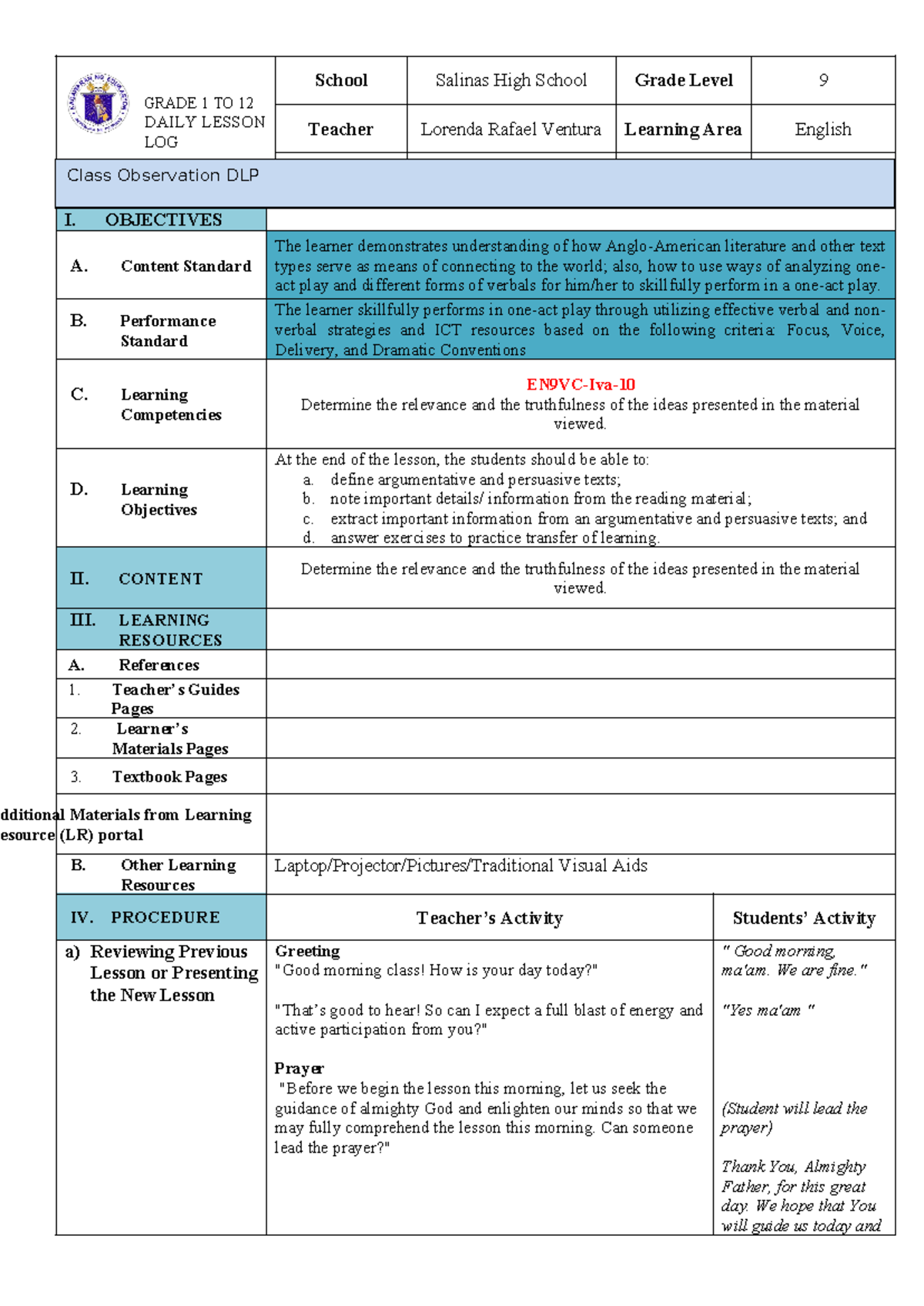 March 12, 2024-9 English - GRADE 1 TO 12 DAILY LESSON LOG School ...