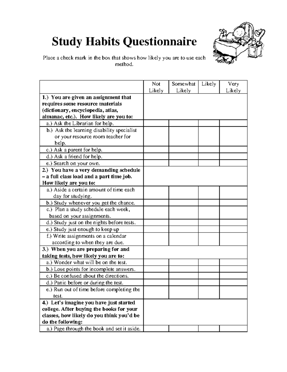Study Skills Survey - test - Study Habits Questionnaire Place a check ...