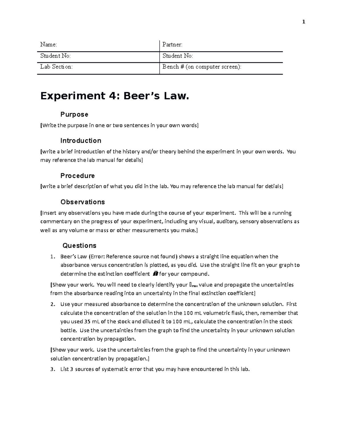 Template Beers Law - beer law - Name: Partner: Student No: Student No ...