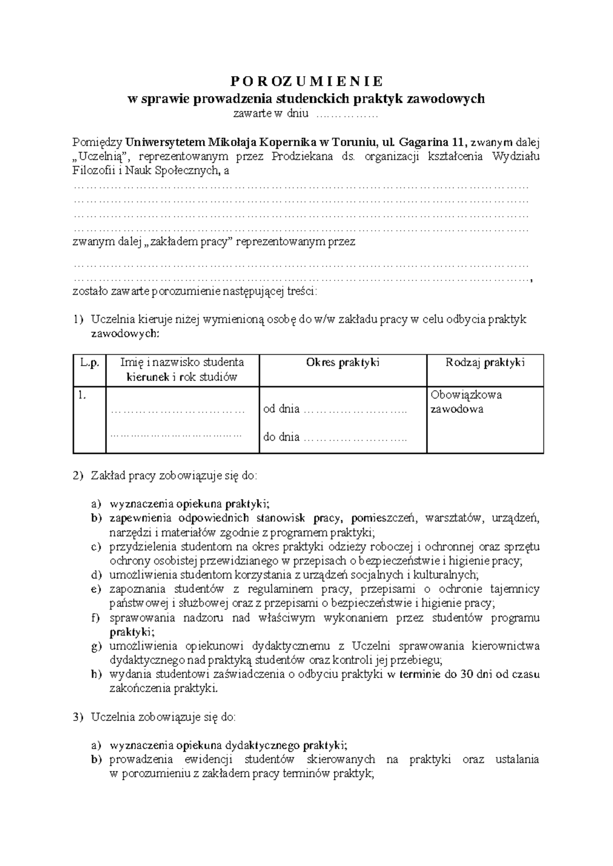 Porozumienie-Di KS - P O R OZ U M I E N I E w sprawie prowadzenia studenckich praktyk zawodowych ...