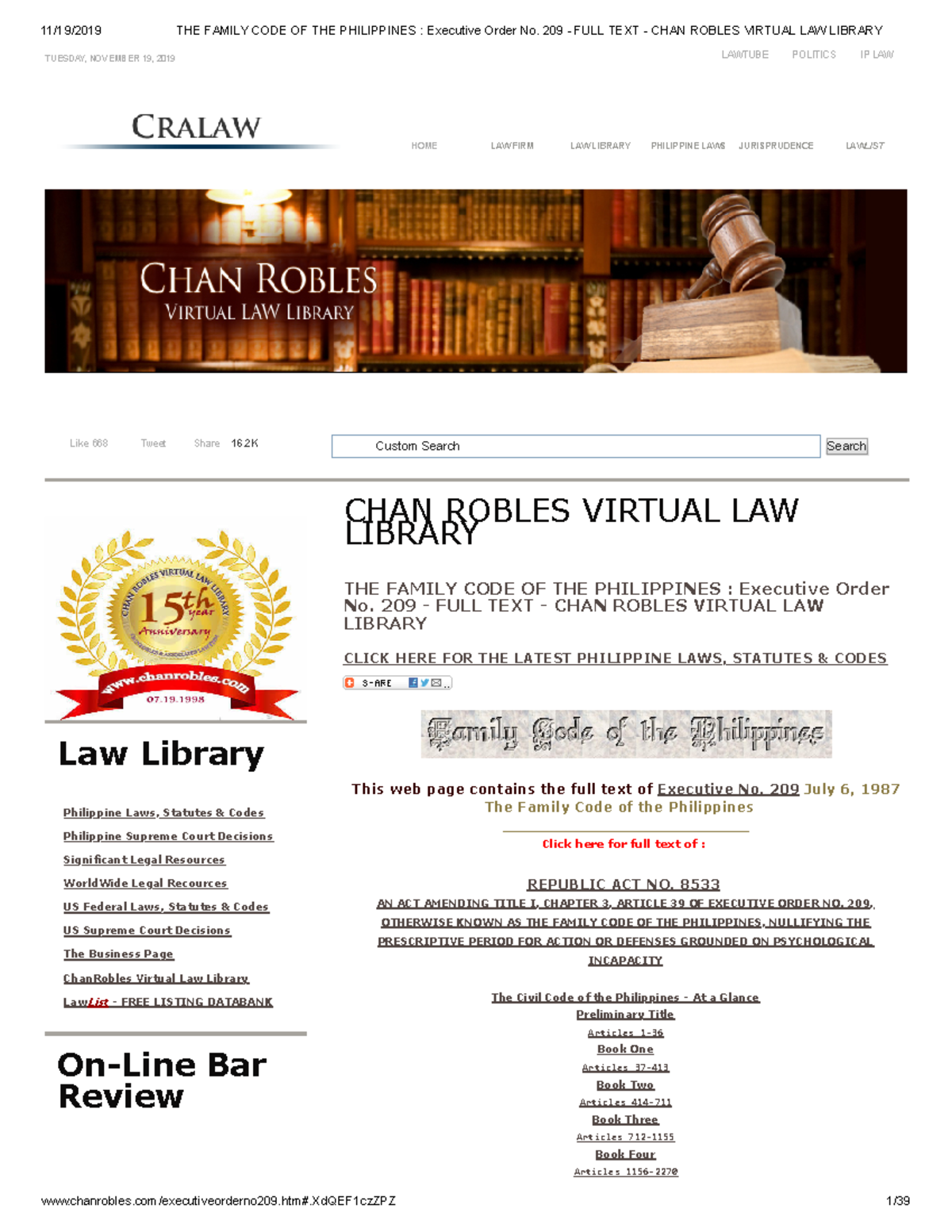 Family Code - TUESDAY, NOVEMBER 19, 2019 Law Library Philippine Laws ...