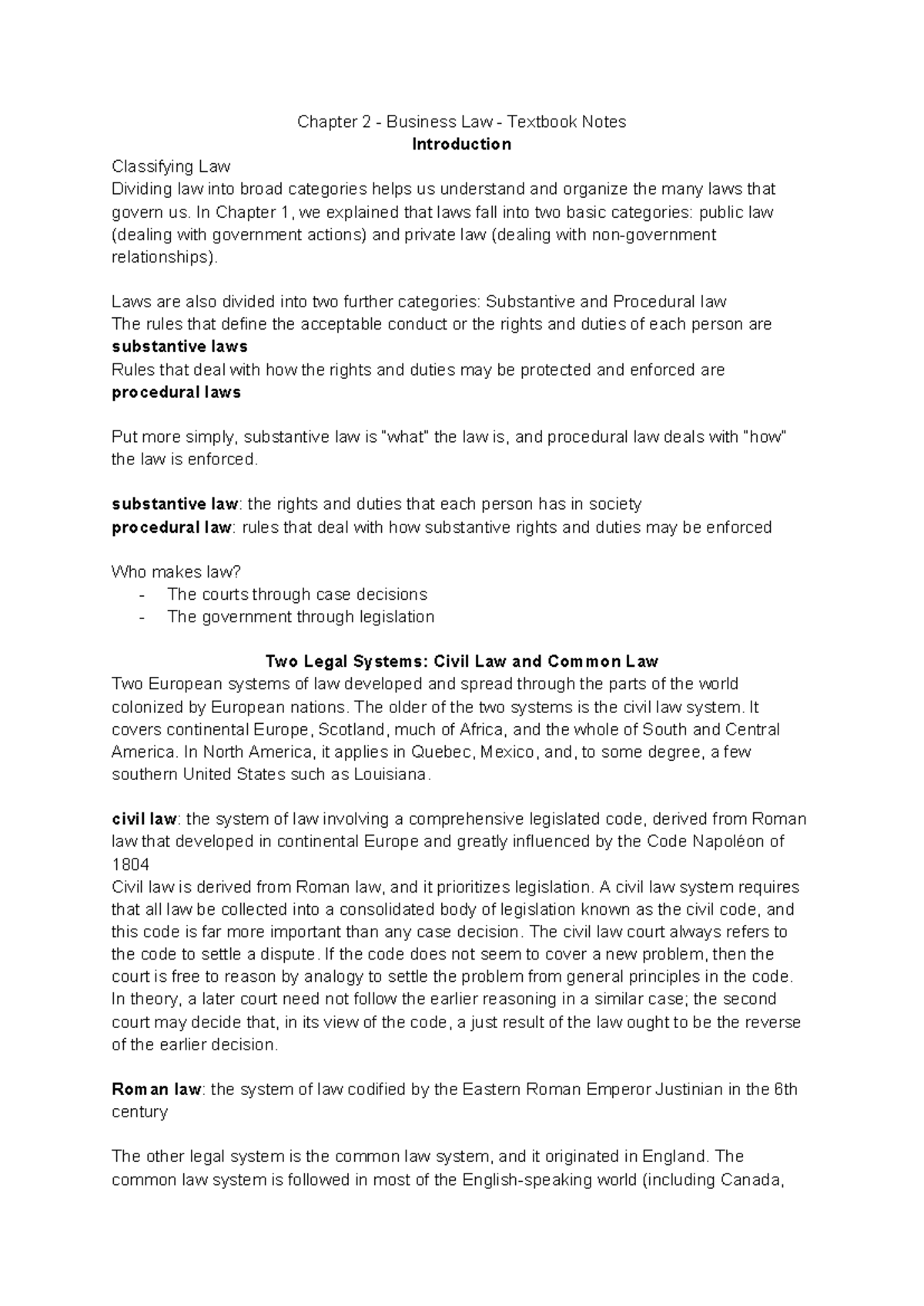 Chapter 2 Study Notes - Business Law Overview and Key Concepts ...