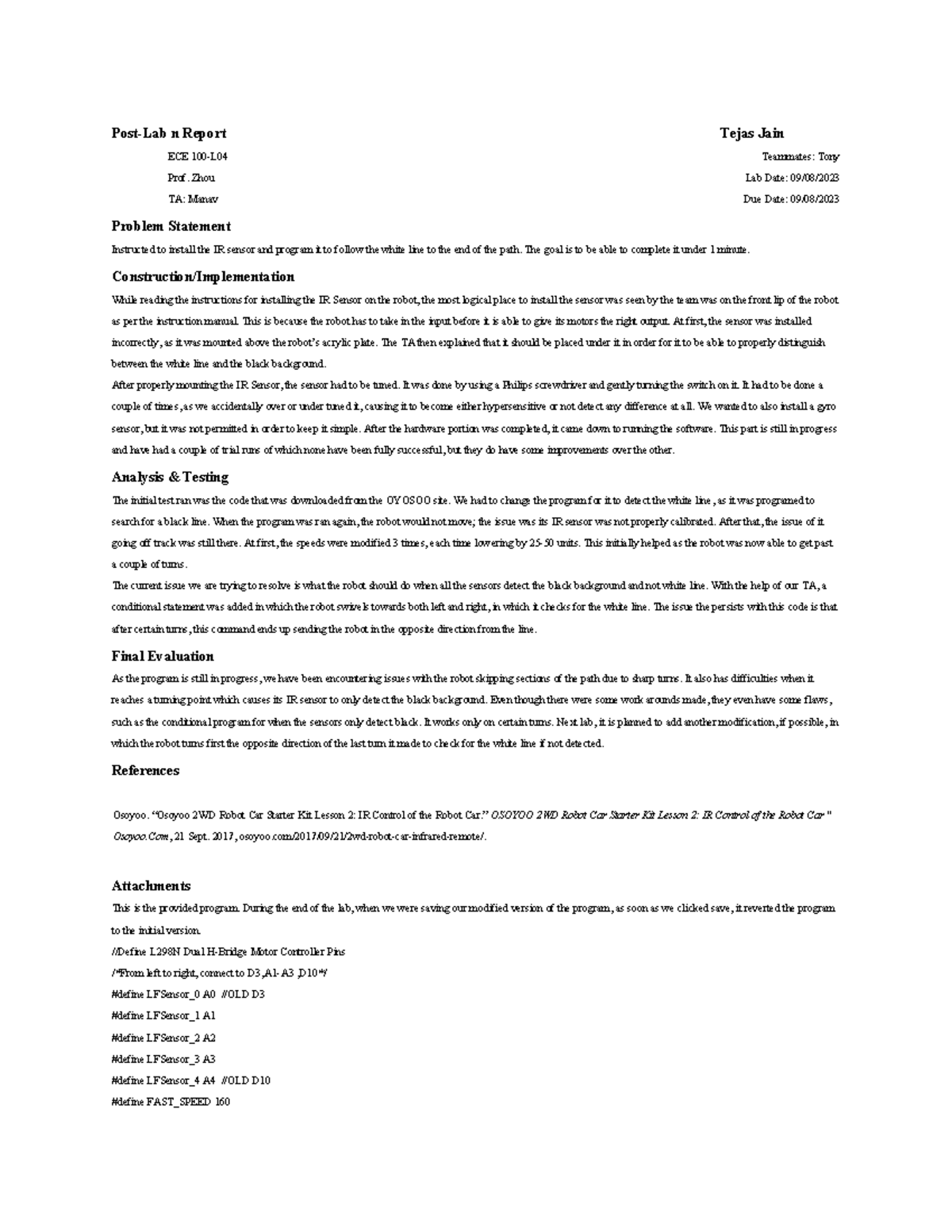 ECE 100 Post-Lab 2 - Post-Lab 2 - Post-Lab n Report Tejas Jain ECE 100 ...