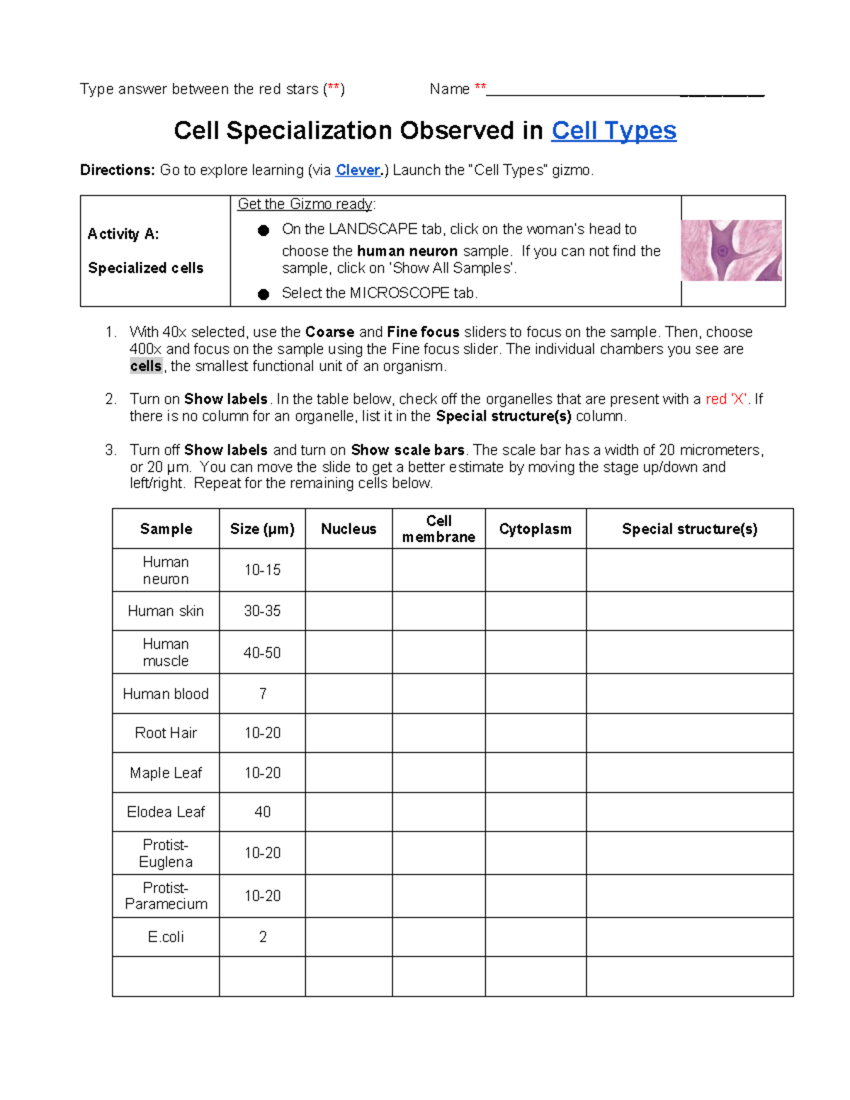 Cell Types Gizmo for Honors Bio - Type answer between the red stars ...
