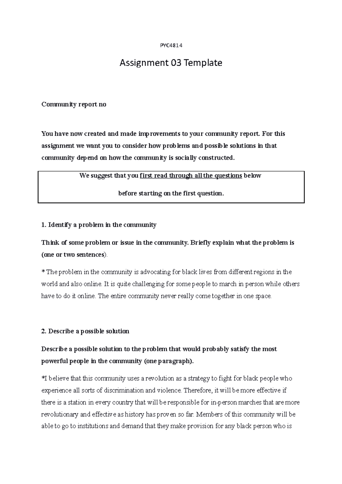 PYC4814 Assignment 3 final - PYC Assignment 03 Template Community report no You have now created ...