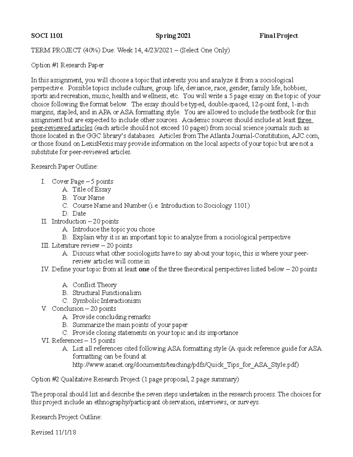 SOCI 1101 Spring 2021 Final Project - Possible topics include culture ...