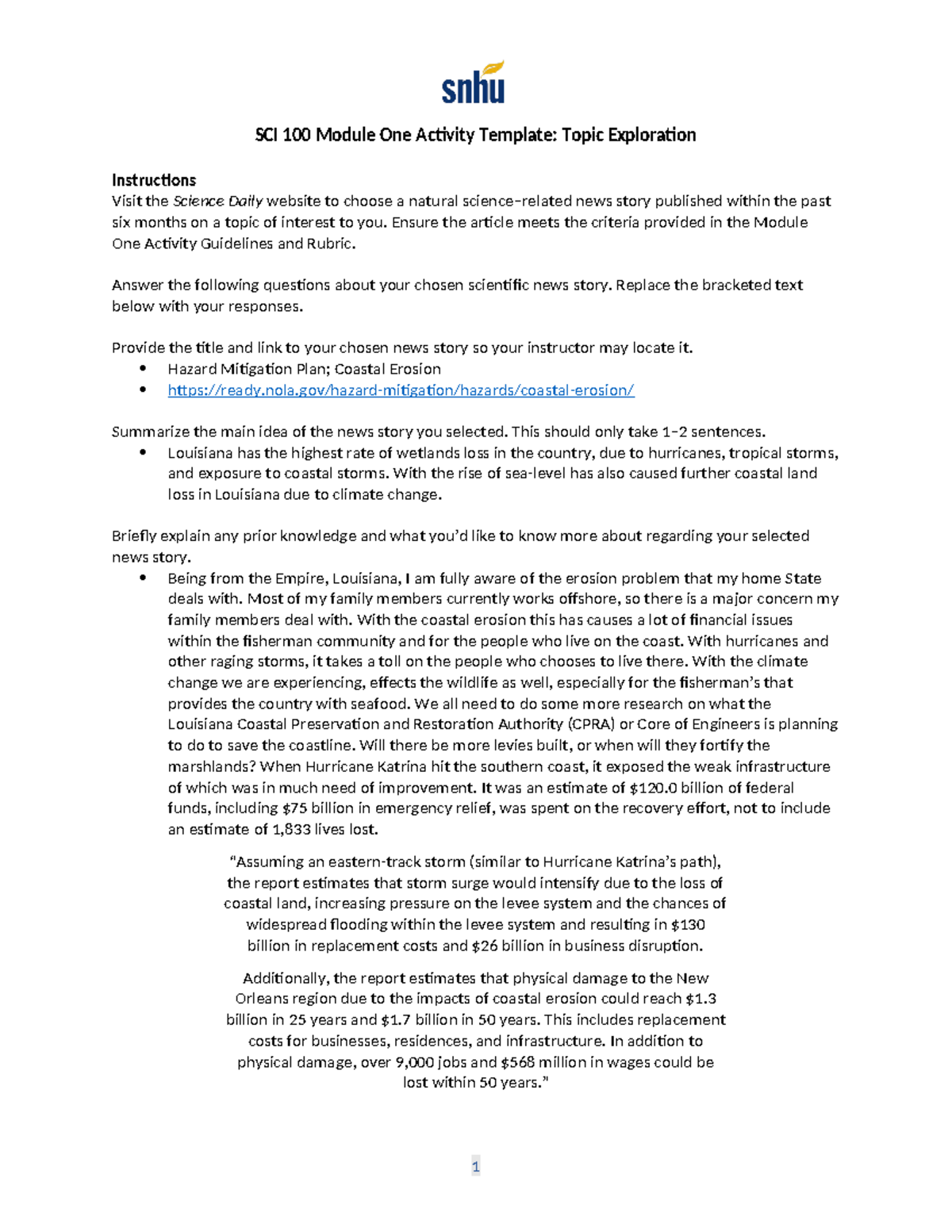 SCI 100 Module One Activity - Ensure the article meets the criteria provided in the Module One ...