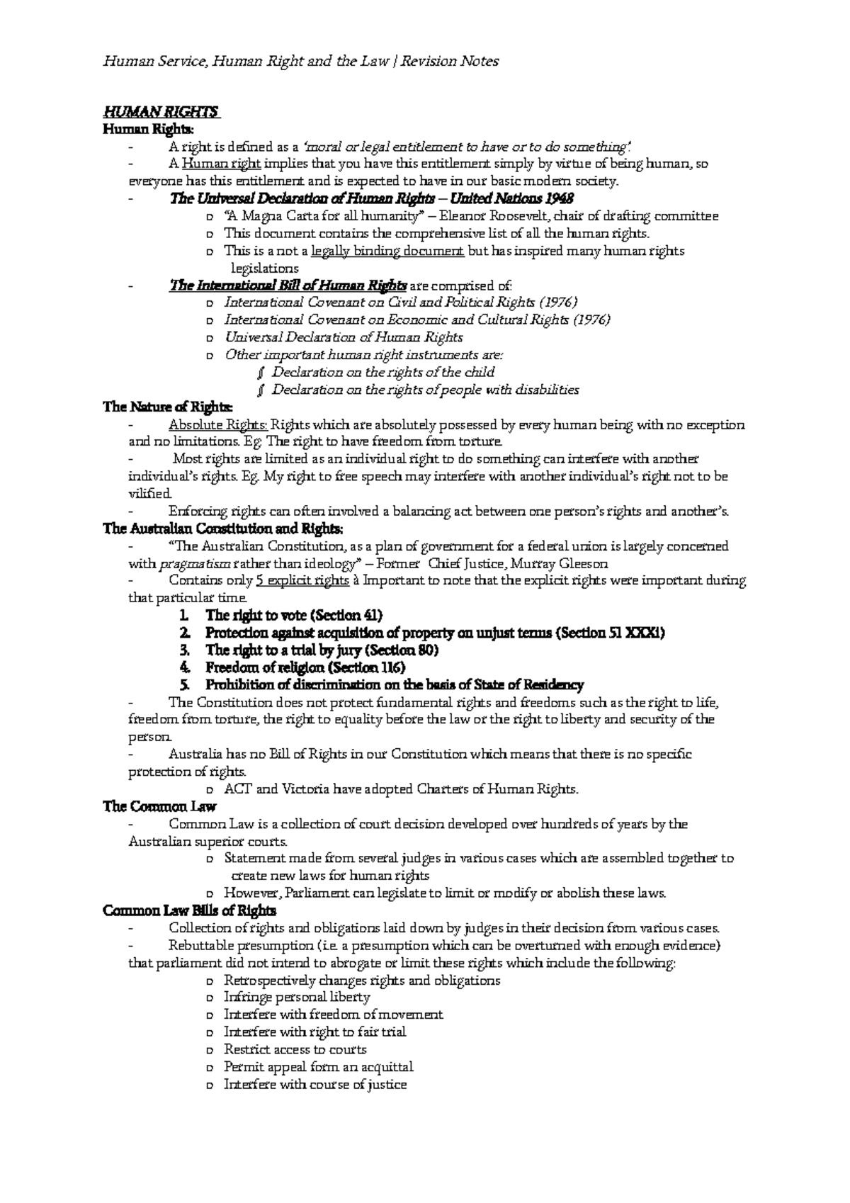 Human Service, Human Right and the Law Revision Notes - HUMAN RIGHTS ...