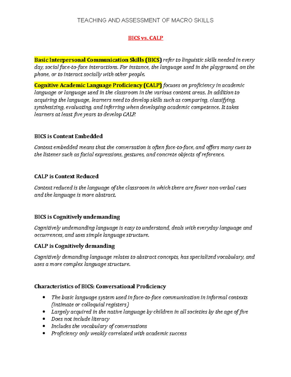Teaching AND Assessment OF Macro Skills BICS vs. CALP - TEACHING AND ...