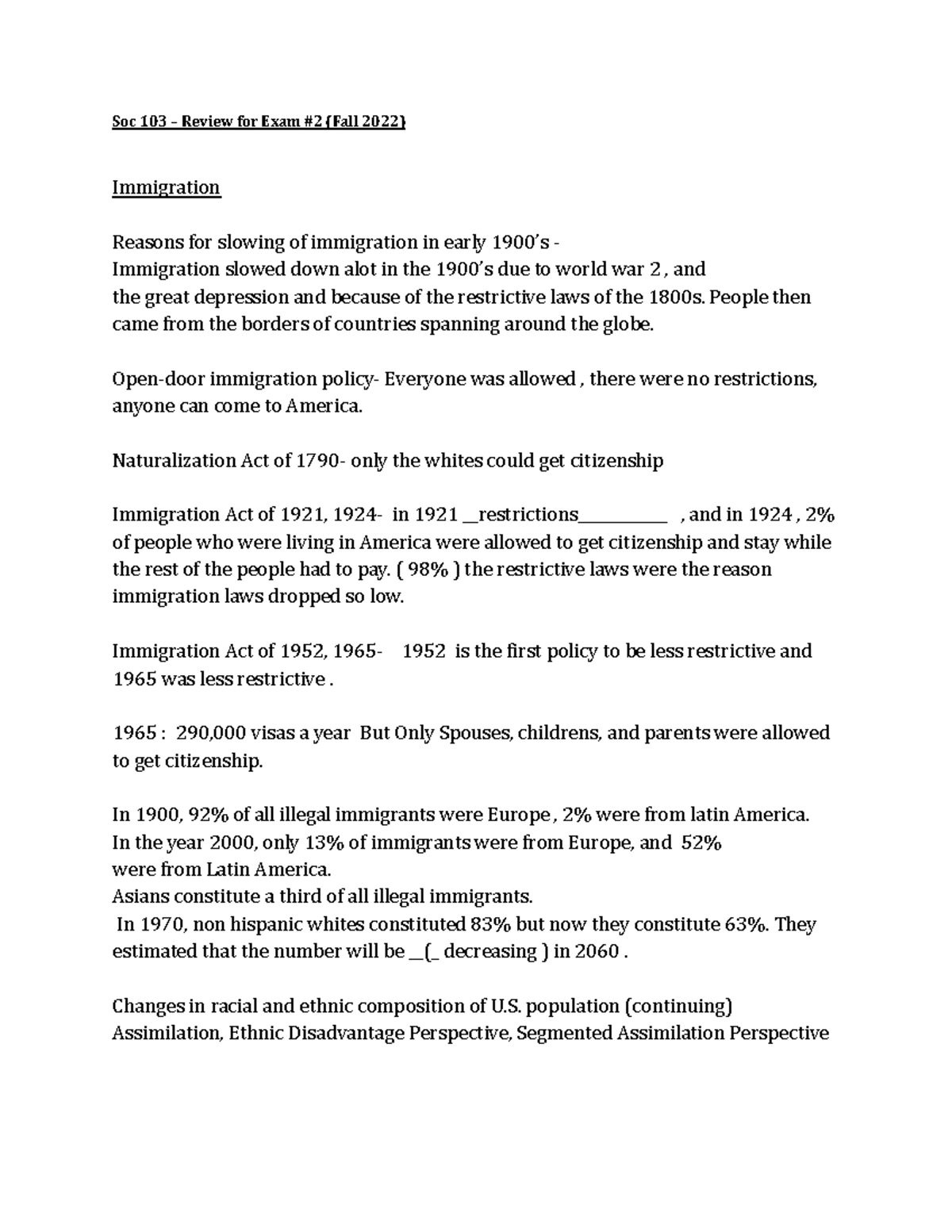 SOC 103 # 2 - second test notes - Soc 103 – Review for Exam #2 (Fall ...
