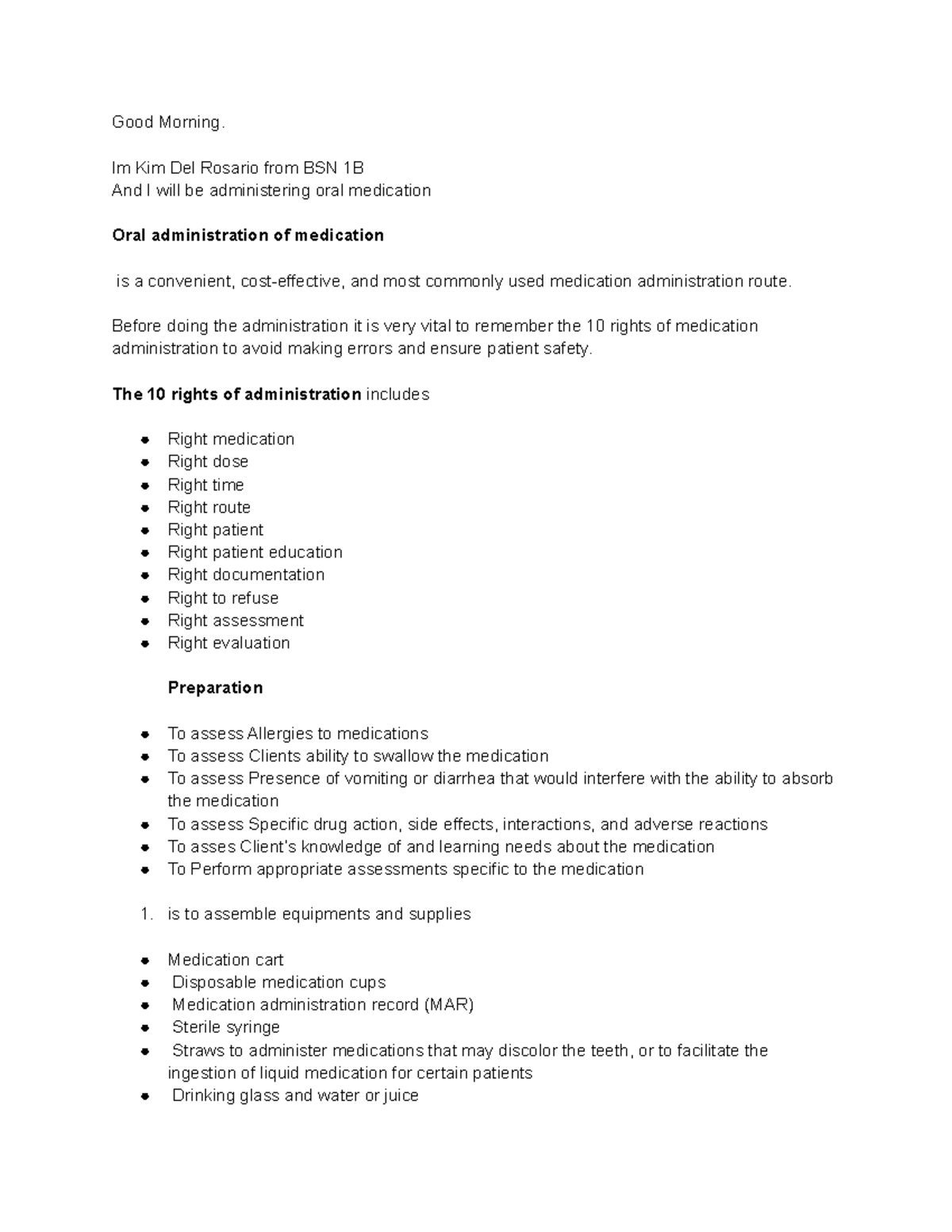 Oral medication final script - Good Morning. Im Kim Del Rosario from ...