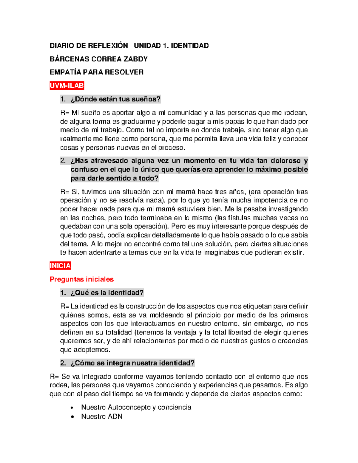 Diario DE Reflexión Unidad 1 Empatías para resolver - DIARIO DE REFLEXIÓN UNIDAD 1. IDENTIDAD ...
