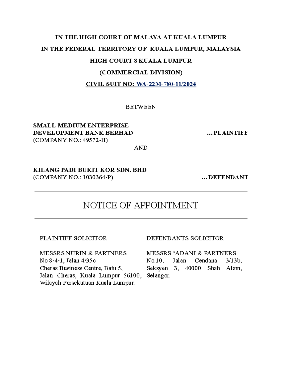 1.0 PLF Notice of Appointment (Cover) - IN THE HIGH COURT OF MALAYA AT ...